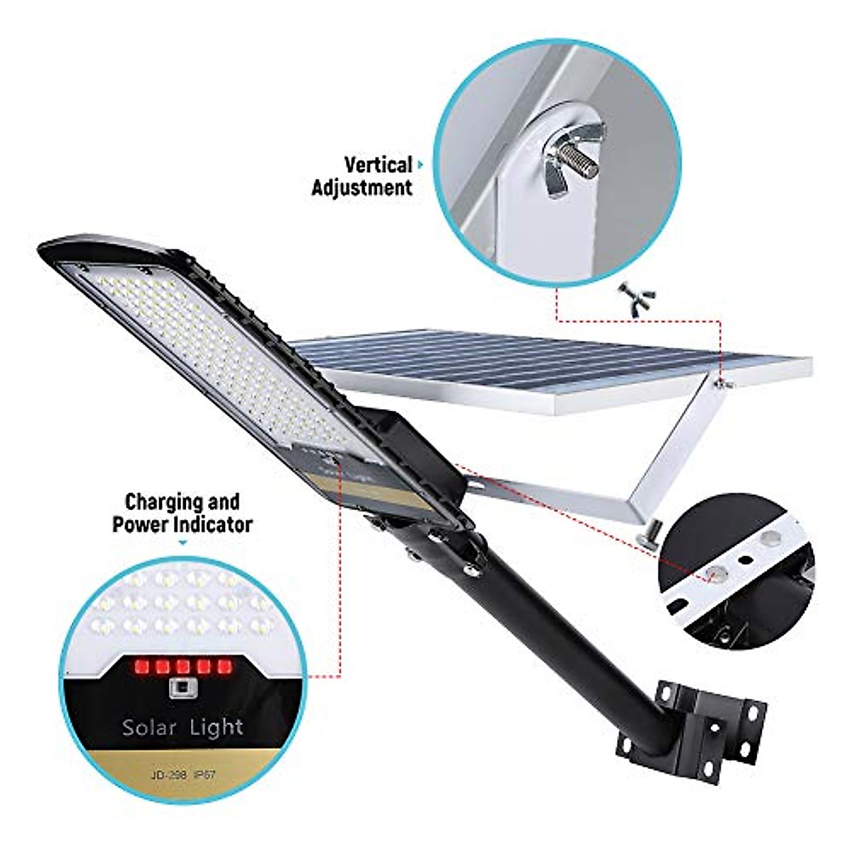 200W Solar Street Lights Outdoor Lamp, 10000lm Dusk to Dawn IP67 Security Led Flood Light with Remote Control Mounting Pole and Bracket Garden, Street, Court, Parking Lot