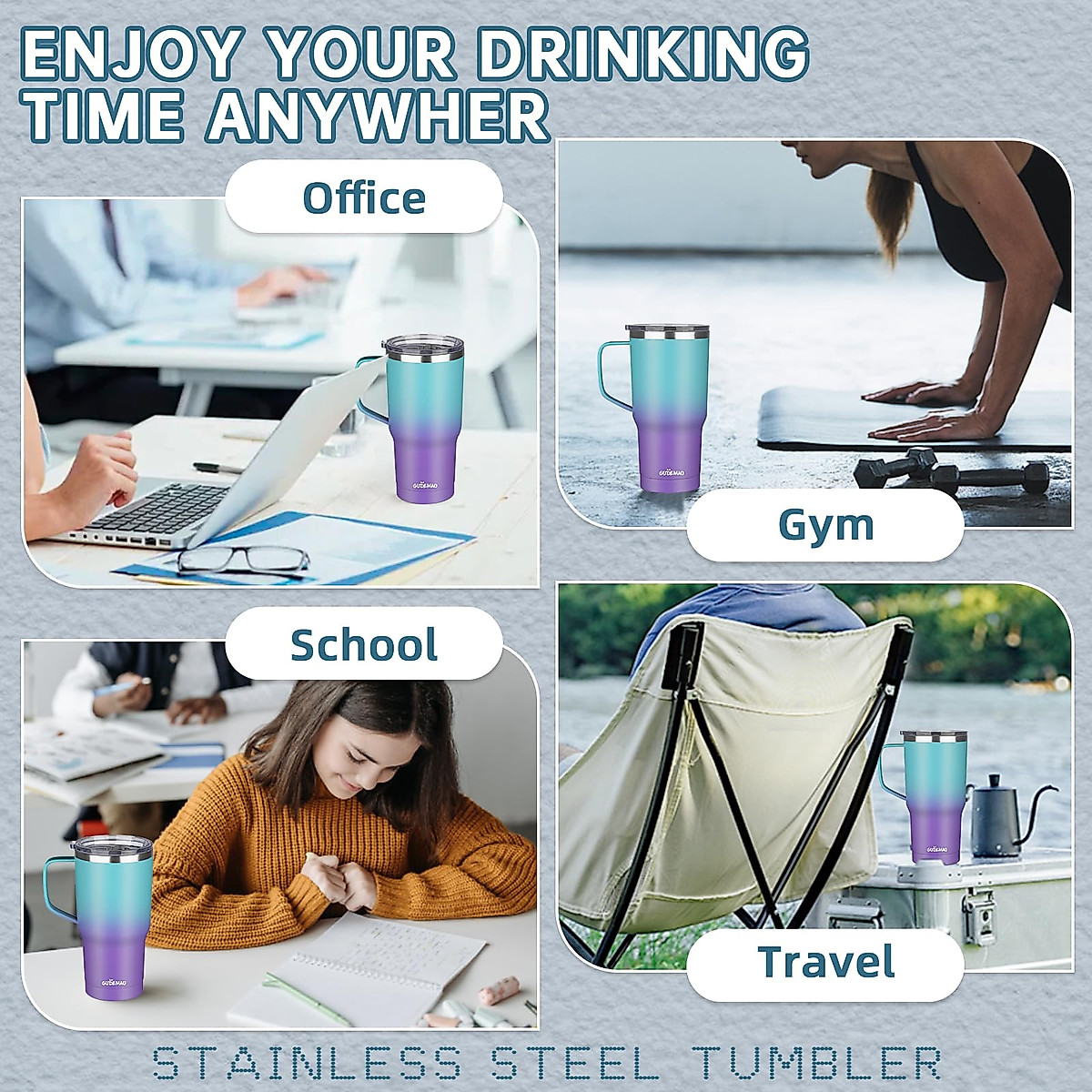 20 oz Insulated Coffee Mug with Ceramic Coating, Stainless Steel Travel Mug Tumbler with Handle Lid and Straw, Double Wall Leak-Proof Thermos Coffee Travel Mug Keeps Drink Hot and Cold (Azure Purple)