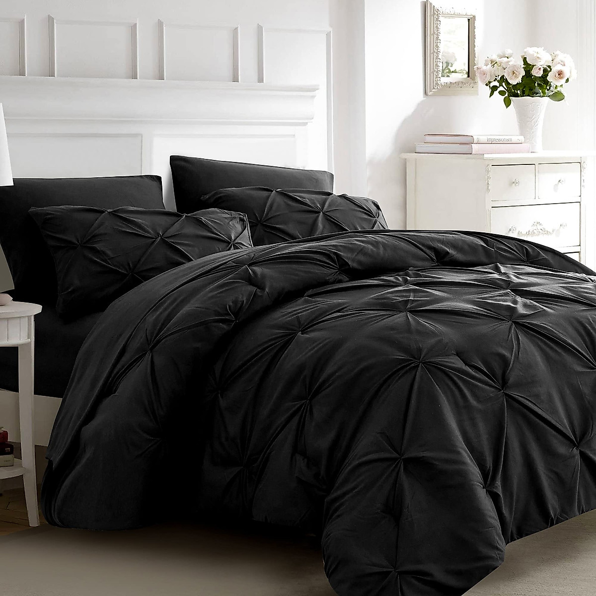 Ubauba 7 Piece Oversized Queen Comforter Set-Pintuck Black Bed in a Bag-All Season Bedding Set with Comforters, Sheets, Pillowcases & Shams,(Black,Oversized Queen)