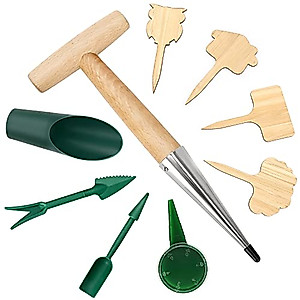 Potzya Planting Tool Kit, Garden Tool Set, Come with Wood Handle Stainless Steel Dibber with Scale, Seed Dispenser, Seed Planting & Soil Loosen, Bamboo Labels, Cultivation Migrate Succulents Bulb