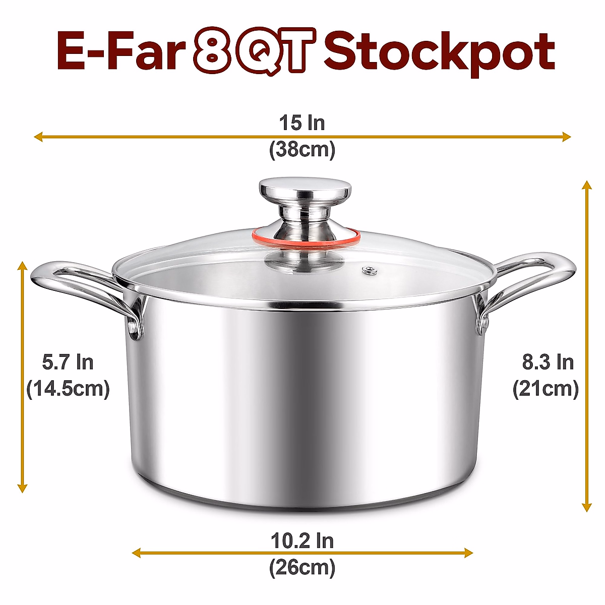 E-far 8 Quart Stock Pot with Lid, 18/10 Tri-ply Stainless Steel Stockpot for Induction Ceramic Gas Stoves, Heavy Duty Cooking Pot for Pasta Soup Stewing Simmering, Oven and Dishwasher Safe