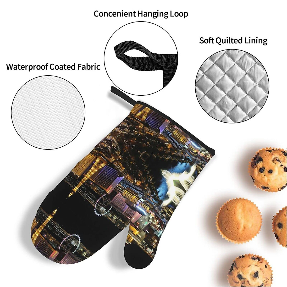 Las Vegas Night View Extra Long Oven Gloves and Hot Pads Set 4pcs for Cooking and Baking with Pockets