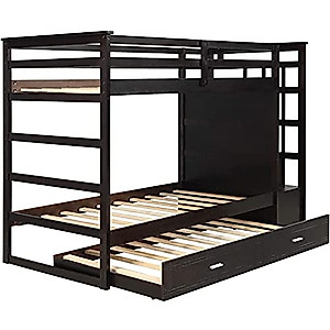 ATH-S Solid Wood Bunk Bed Frame No Box Spring Needed with Guardrails, Ladder and Storage Stairs for and Teens Platform, Twin Over Full, Gray (Color : Espresso with Hiden Drawers)