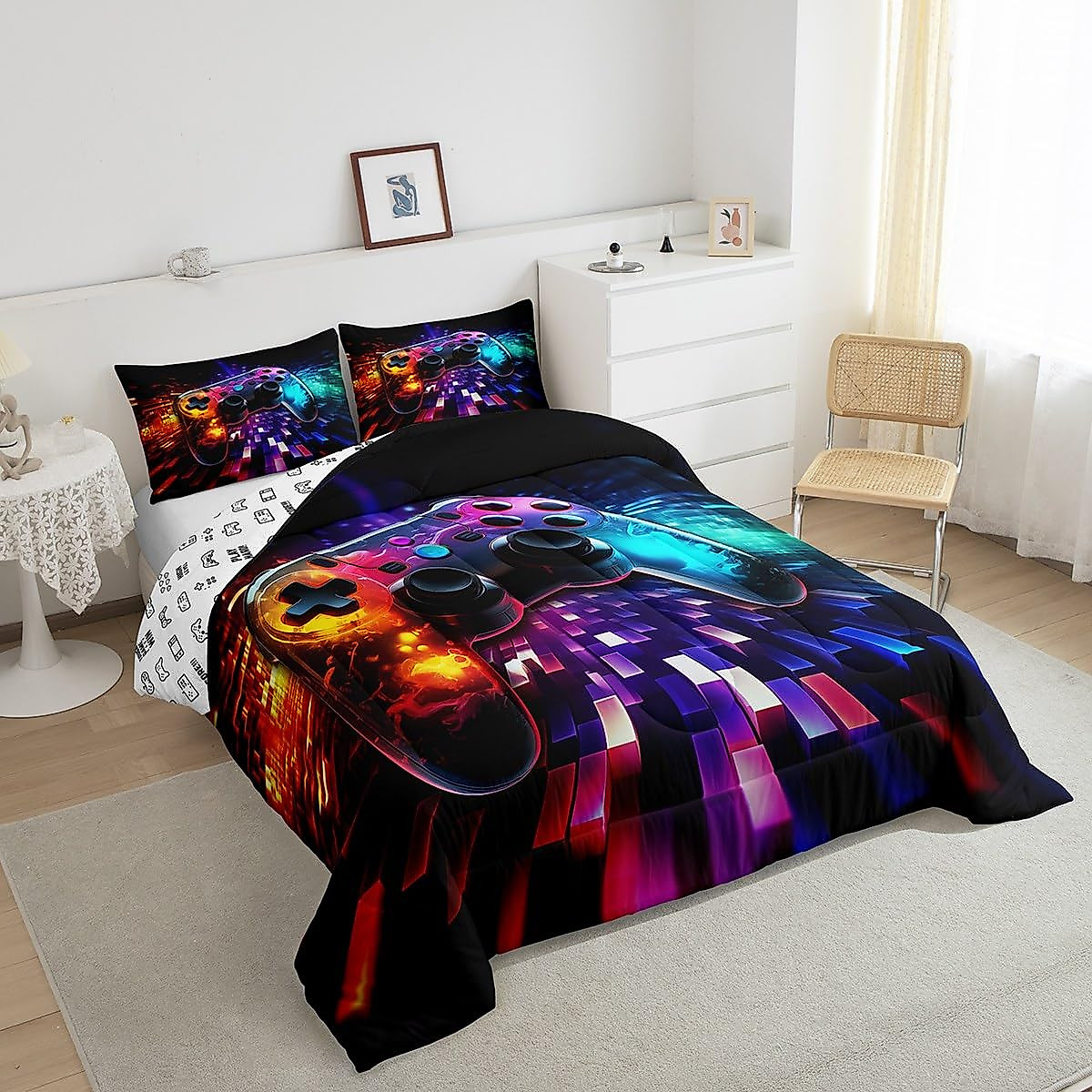 Manfei Modern Gamer Comforter Set Full Size, Geometric Gamepad Down Comforter with 2 Pillowcases, Video Games Bedding Set 3pcs for Kids Boys Teens Bedroom Decor Gaming Reversible Duvet Insert