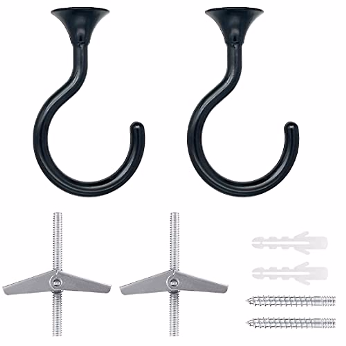 Evsteluo 2 Sets Large Swag Ceiling Hooks Heavy Duty Swag Hook with Hardware for Hanging Plants Ceiling Installation Cavity Wall Fixing (2 Sets, Black)