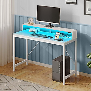 Rolanstar Computer Desk 39 inch with LED Lights & Power Outlets, Home Office Desk with Monitor Shelf, Gaming Desk, Writing Desk, Study Desk for Student & Kids, White