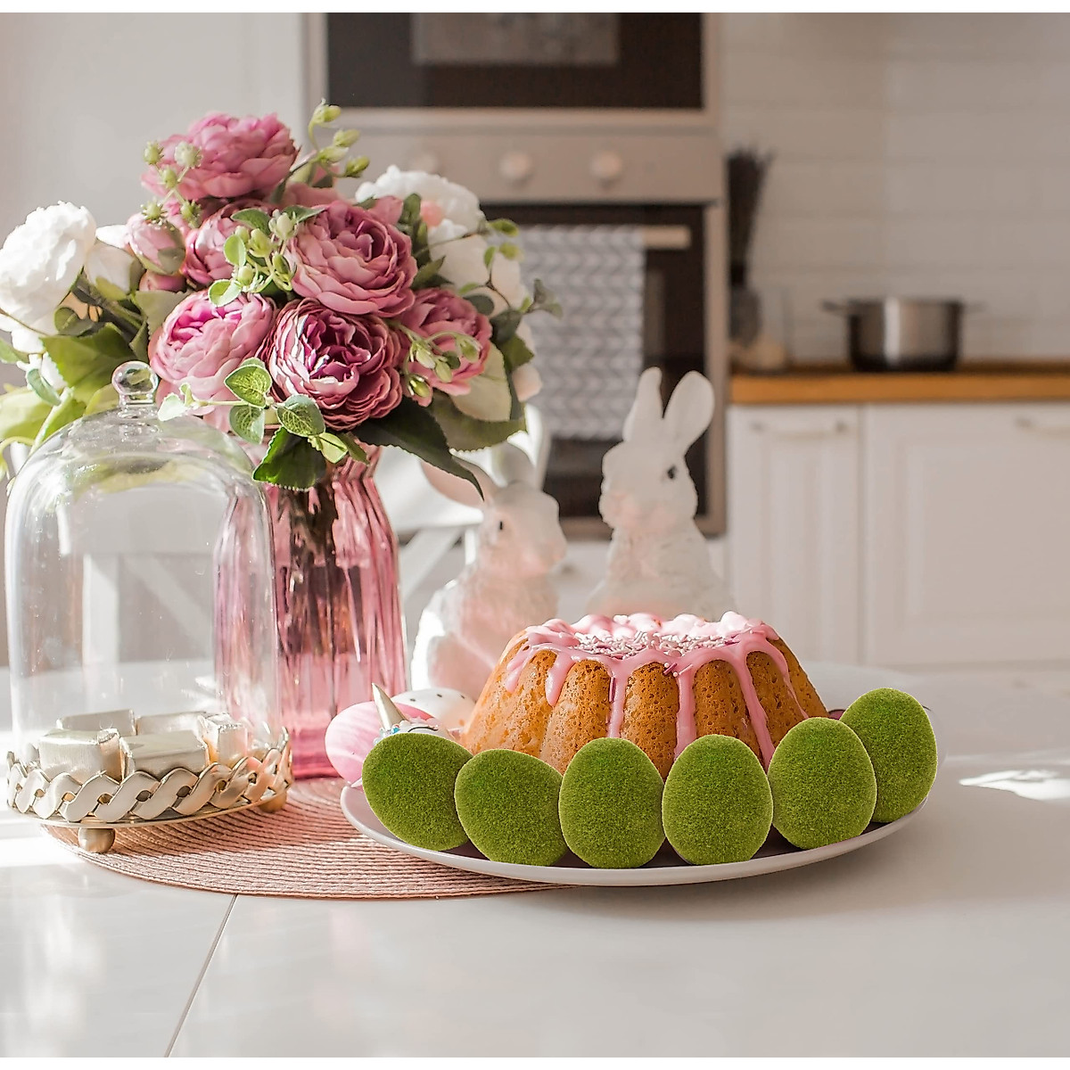 6 Easter Green Mossy Eggs Spring Decor Artificial Fuzzy Flocked Moss Balls Decorative Holiday Furry Covered Egg for Indoor Home Kitchen Table Shelf Bowl Decorations & Outdoor Garden Yard Potting Craft