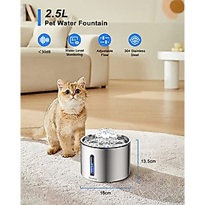 DiroPet Cat Water Fountain Stainless Steel, 84Oz/2.5L Automatic Pet Water Fountain for Cats Inside, Blue Red Water Level Window Cat Fountain,Fountain FilterX2, Pump FilterX2,PlugX1