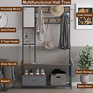 NAIYUFA Entryway Hall Tree with Drawer,Coat Rack with Mirror,Vintage Industrial Hall Tree with Shoe Bench,5-in-1 Storage Rack with 8 Hooks and Grid Panel
