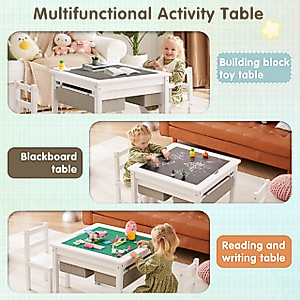 Onirw 3 in 1 Kids Table and 2 Chairs Set with Storage Drawers, Toddler Construction Play Table with Detachable Blocks and Blackboard Tabletop, Compatible with Lego and Duplo Bricks (White)