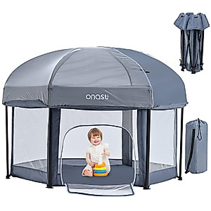 Baby Playpen Foldable Indoor & Outdoor, Onasti Play Yard with Children's Soft Mat, Compact Fence Packable Dome UV Protection, Suitable for Travel/Beach/Picnic Activity Center (Hexagon)