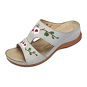 Aniywn Summer Slippers Womens Wedge Heel Embroidery Floral Sandals Women's Shoes Open Toe Arch Support Women Shoes