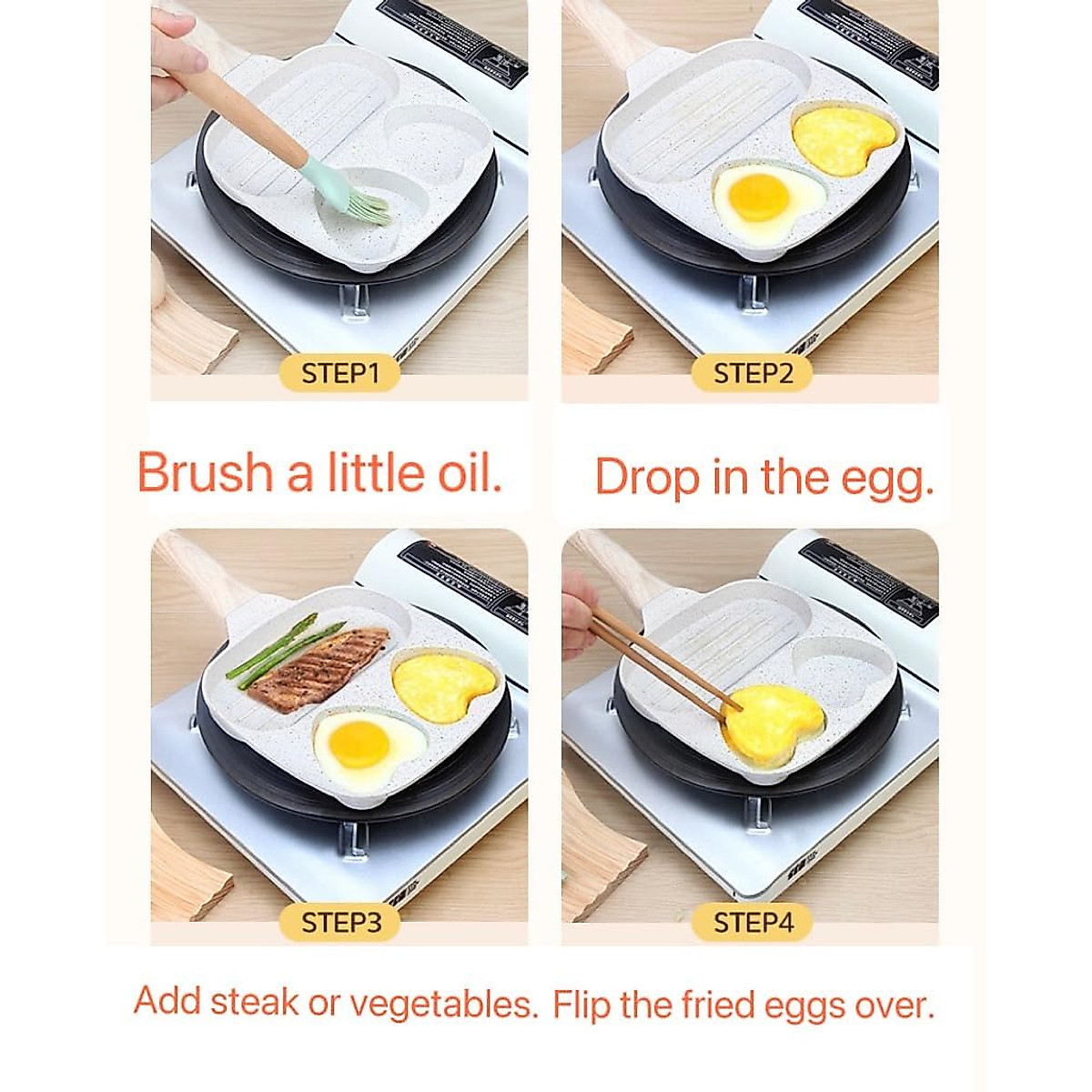 BB Tigger 3-Cup Egg Pan,3 Section, Versatile Breakfast Skillet, Omelette Pan, Omelette Skillet, Bacon pan, Sausage pan, hot dogs pan, Pancake Pan, 3-in-1 egg pan, 19cm*38.5cm, Off-White