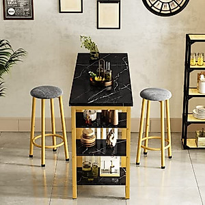 AWQM Bar Table Set with Storage Shelves, 47" Modern Black Faux Marble Breakfast Table with 2 Velvet Stools, 3-Piece Dining Set for 2, Space Saving Table for Kitchen/Dinning Room/Living Room/Studio