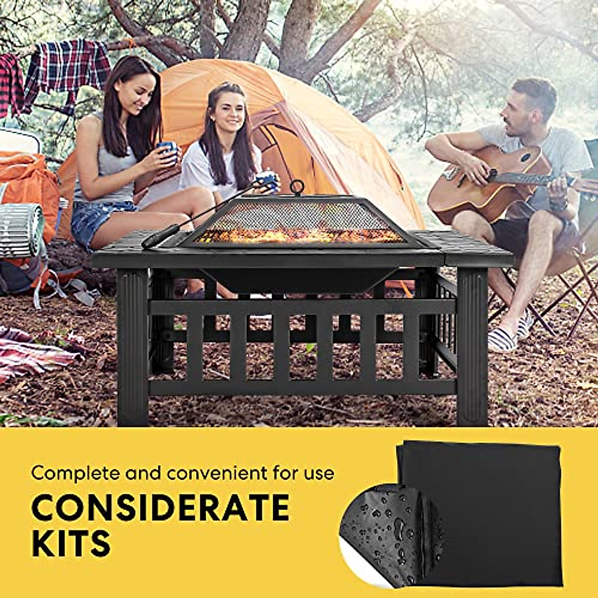 VIVOHOME 32 Inch Heavy Duty 3 in 1 Metal Square Patio Firepit Table BBQ Garden Stove with Spark Screen Cover Log Grate and Poker for Outside Wood Burning and Drink Cooling