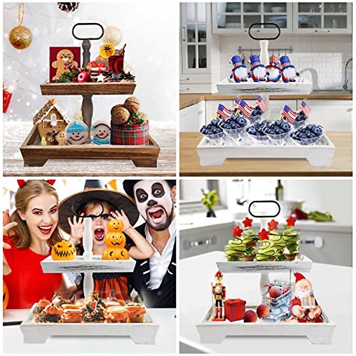 CRAZYMOTO 2 Tier Wooden Rustic Retro Tiered Tray Farmhouse Tiered Tray Stand - Wood Tiered Tray Decor Holder for Rectangle Wooden Platter for Cakes, Desserts Fruits Snack Candy