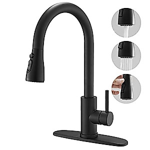 BESy Brass Single Handle Kitchen Faucet with Pull Down Sprayer,Rv High-Arc Kitchen Sink Faucet with Pull Out Sprayer,Single Lever 3 Function Laundry Room Faucet,Matte Black (1 or 3 Hole)