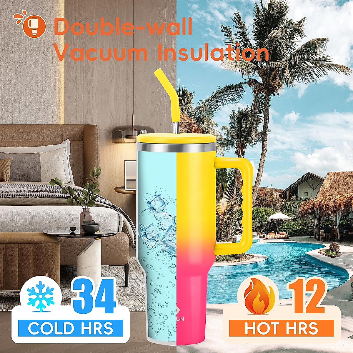 VUSIGN 40 oz Tumbler with Handle and Straw Lid, Stainless Steel Vacuum Insulated Tumbler Travel Mug Water Bottle Cup for Water Iced Tea Coffee Smoothie Car, Red-Yellow Mixed