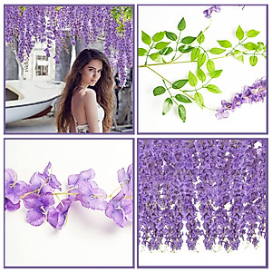 Attmu 8 Pack Artificial Flowers Wisteria Hanging Flowers 3.6 Feet/Piece Vine Ratta String for Home Office Wedding Wall Garden Outdoor Party Decoration (Purple)
