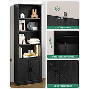 Hzuaneri 5 Tier Bookshelf Bookcase with Cabinet Doors, 70 in Tall Wooden Bookshelves, Display Storage Shelves, Floor Standing Book Shelf Furniture for Home Office, Living Room, Bedroom, Black BC20104X