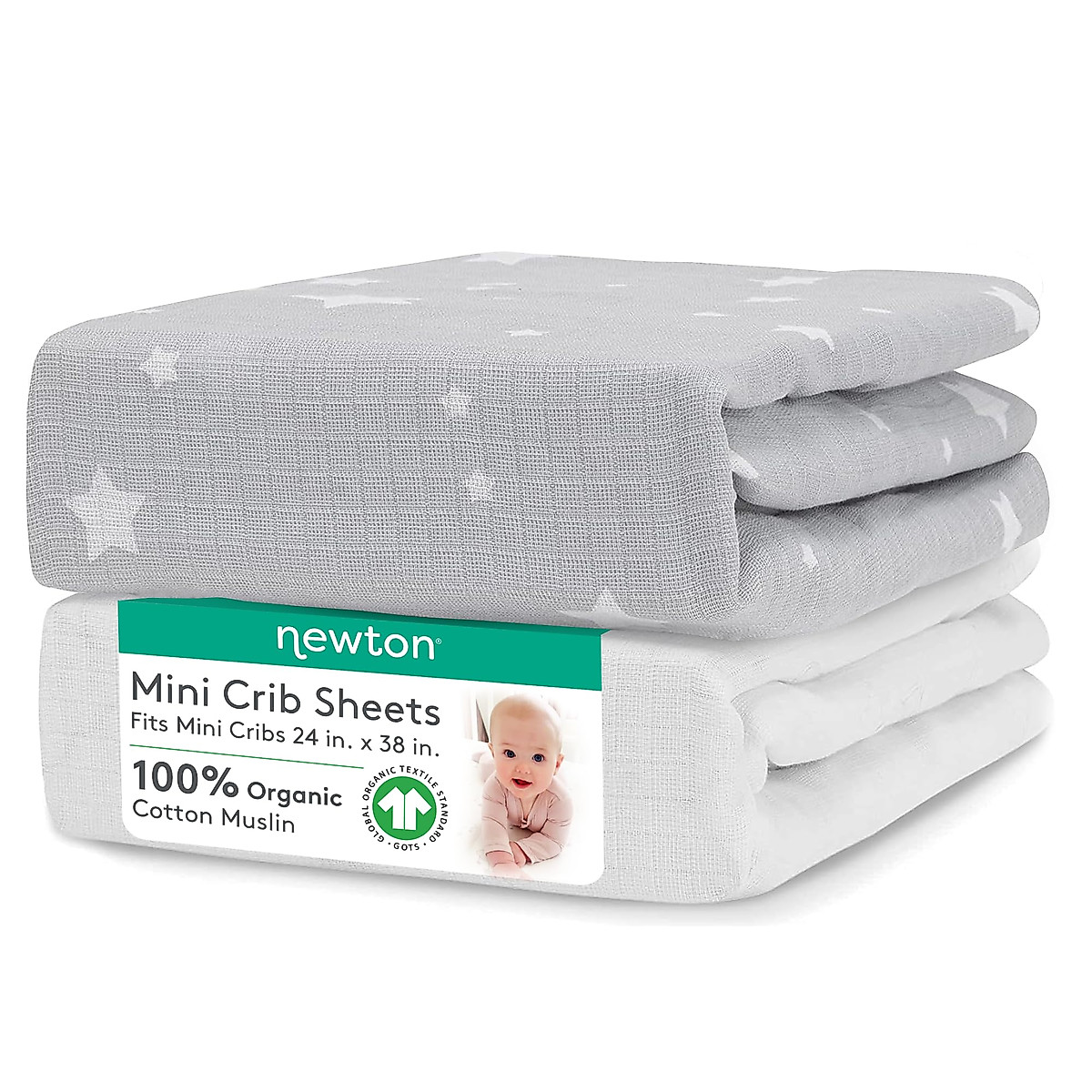 Newton Baby Fitted Mini Crib Sheets (2-Pack) | Organic Muslin Cotton, Breathable & Soft Baby Sheets, Washable Baby Mattress Sheets, Fits Any Mini Sized Crib 24" x 38", Stardust Twilight Grey + White