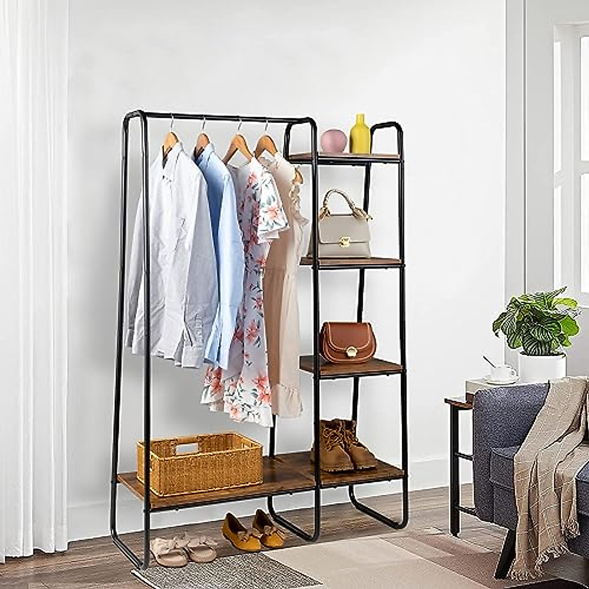 PUDDINER Clothing Rack, Clothes Rack with Shelves Clothing Racks for Hanging Clothes Heavy Duty Garment Rack Portable Clothing Rack with Shelves Free Standing Wardrobe Closet 60" Hx39.4 Lx15.8 D