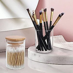2 PCS Qtip Holder Dispenser with Bamboo Lids ＆ Tray, 10 Oz Cotton Swab Holder Cotton Ball Organizer, Apothecary Jars Bathroom Storage Organizer, Clear Glass Bathroom Storage Jars, Vanity Storage Organizer Canister for Cotton Swab, Ball, Pads, Floss