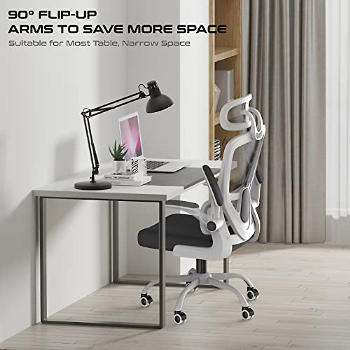 Laziiey Home Office Desk Chairs Ergonomic Chair with Lumbar Support Flip Up Arms Mesh Computer Chair with Comfortable Wide Seat Adjustable Headrest (White)