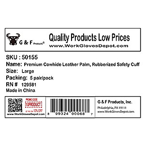 G & F Products unisex adult Safety Cuff Regular Grade work gloves, Grey, Large Pack of 5 US