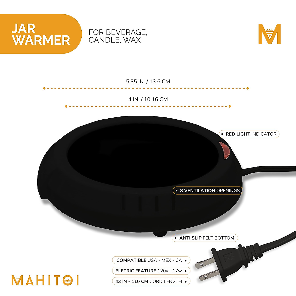 MAHITOI™ Large Warmer Plate, Anti-Slip Felt Bottom, Safe Flameless Release Scent, Candle Jar Warmer, Coffee Warmer, Mug Warmer, Cup Warmer, Tea Warmer Desk for Your Home & Office, Space Black