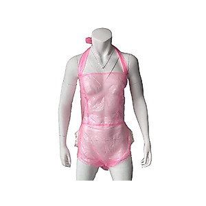 Haian Adult Baby PVC Snap Through Crotch Romper with Frills (Transparent Pink, X-Large)
