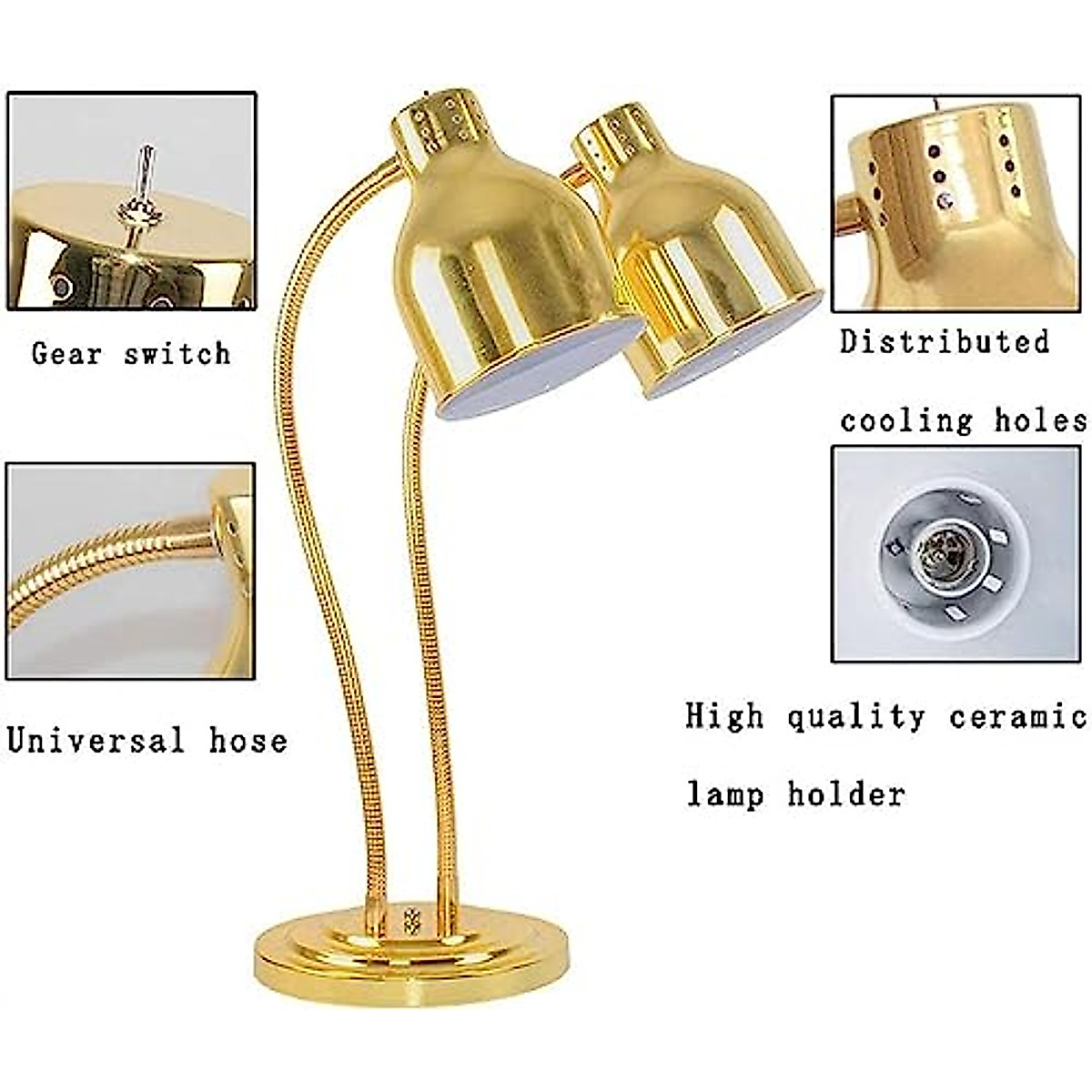 LINKANRUO Countertop Food Warmer Lamp 250W Bulb Commercial Food Heat Lamp for Food Warming Restaurant Warmer Food Service, Adjustable Lampshade Lamps(Sliver,Double Head)