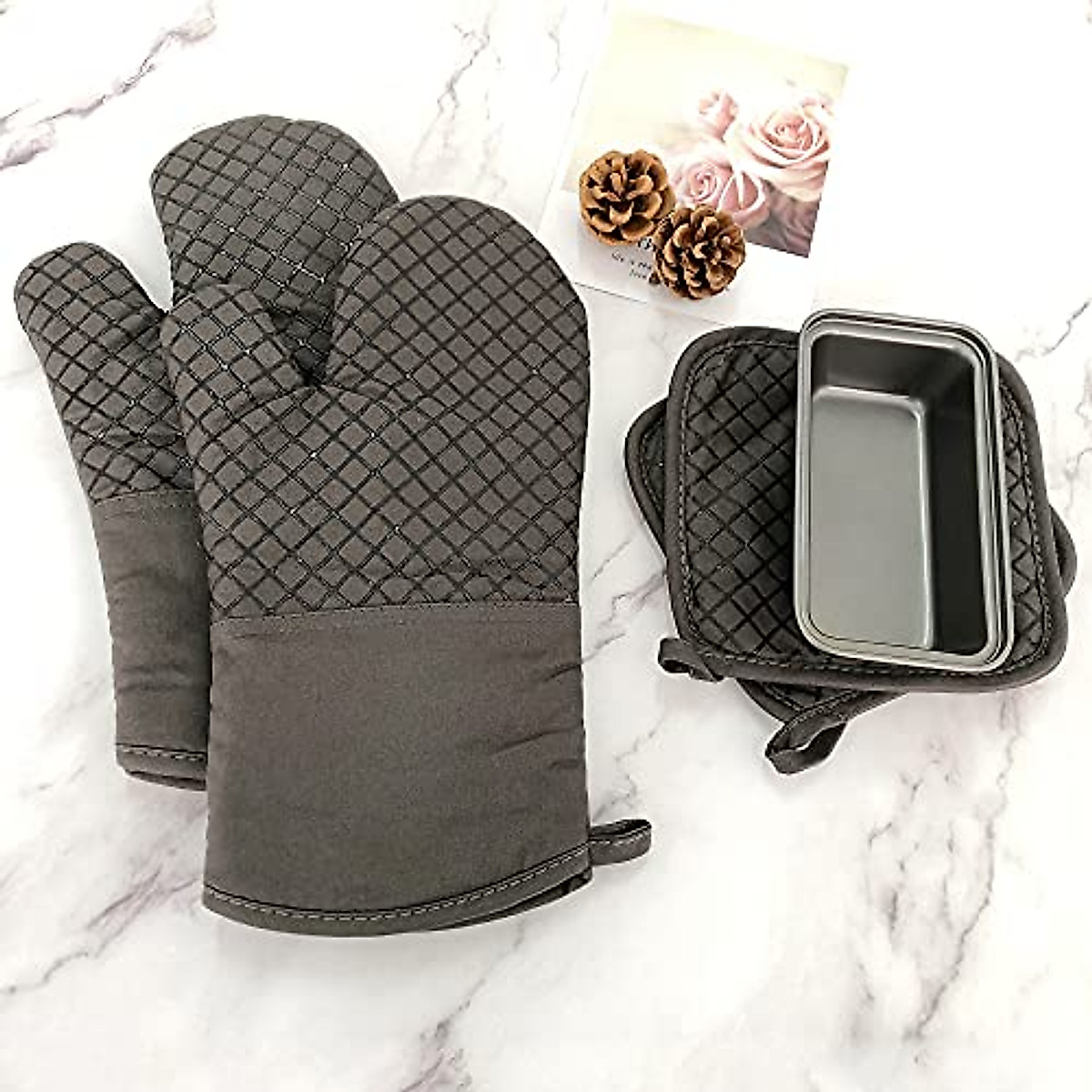 4 Pcs Oven Mitts and Pot Holders,500°F High Heat Resistant Kitchen Oven Mitts with Pot Holders,Long Oven Mitts with Recycled Cotton Infill and Silicone Non-Slip Surface for Baking and Cooking(Grey)