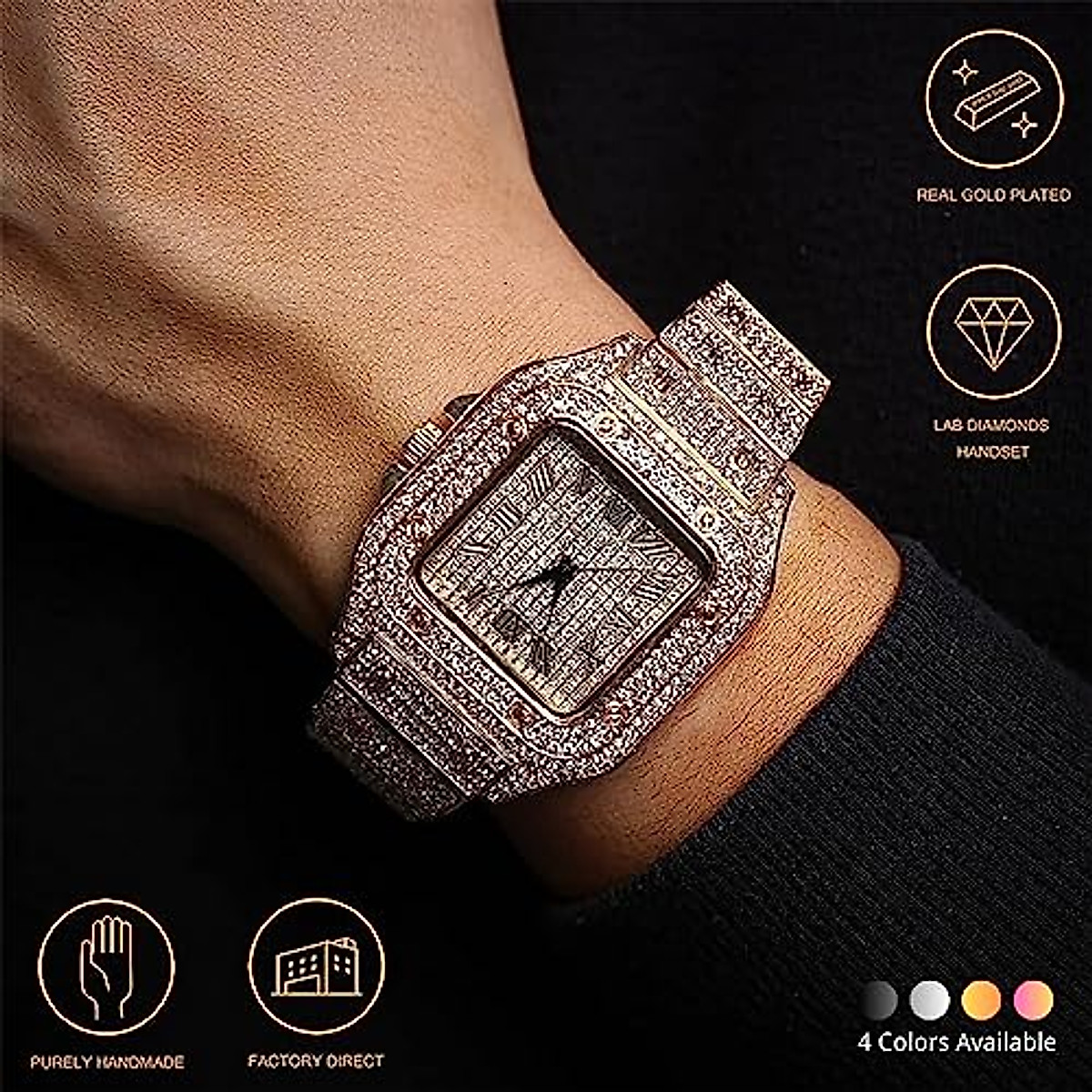 Halukakah Men's Diamond Watch - The King - 18K Gold Plated, 40MM Square Dial, Iced Out Wristband, Lab Diamonds Handset, Comes in Giftbox