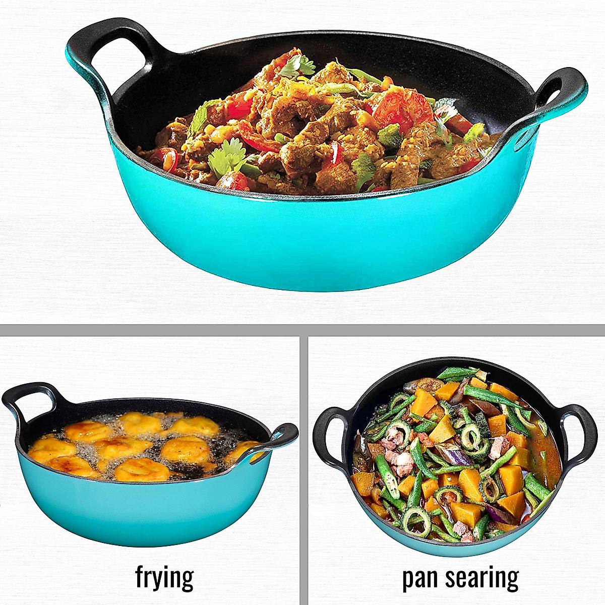 Bruntmor 3 Qt Pre-seasoned Cast Iron Balti Dish In Black, 3 Quart Medium Cast Iron Casserole Dish, Nonstick Handi Cast Iron Kadai Indian, Asian Wok, Pioneer Women Dutch Oven