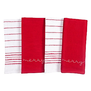 KAF Home Embroidered Holiday Kitchen Towels - Set of 4-100% Cotton, Enzyme Washed Slub, 18" x 28" (Merry)