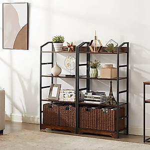 Vagusicc 4 Tier Bookshelf with 2 Storage Baskets, Tall Bookcase Shelf Storage Organizer Wood Book Shelf, Modern Shelf Rack Shelves with Steel Frame, Multipurpose Bookshelf for Bedroom Living Room
