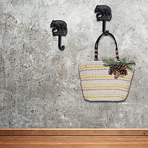 BestGiftEver Decorative Wall Coat Hooks Set of 2 with Black Bear in The Forest Accent - Rustic Cast Iron Animal Wall Mounted Hooks for Cabin Lodge - Ideal for Wildlife and Woodland Theme Enthusiasts