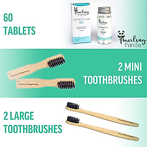 Traveling Panda Bamboo Toothbrushes Soft Bristles, Travel Toothbrush Kit, Includes Brushes and Mint Toothpaste Tablets, Essentials for On The Go Teeth Brushing, 2 Mini 2 Large Brushes and 60 Tabs