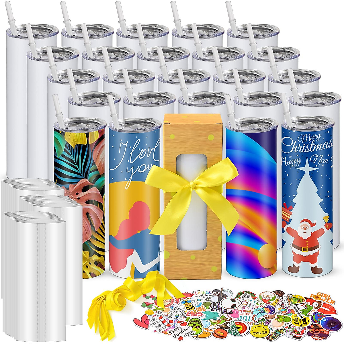 OLSUNOR 24 Pack Stainless Steel 20 oz Sublimation Tumblers Set, Skinny Straight, Lids, Straws, Sublimation Shrink Wrap, DIY Stickers, Individually Gift Boxed