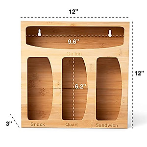 Bamboo Ziplock Bag Organizer, Wall Mounted Food Storage Bags Container for Kitchen Drawer, Baggie Storages Box - Compatible with Sandwich, Gallon, Quart and Snack (12 x 12 x 3 Inches)