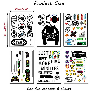 Gamer Wall Sticker Game Wall Decals for Boys,Video Game Room Decor Gaming Controller Wall Stickers Removable DIY Cartoon Party Wallpaper for Kids Bedroom Home Playroom Decoration,6 Sheets