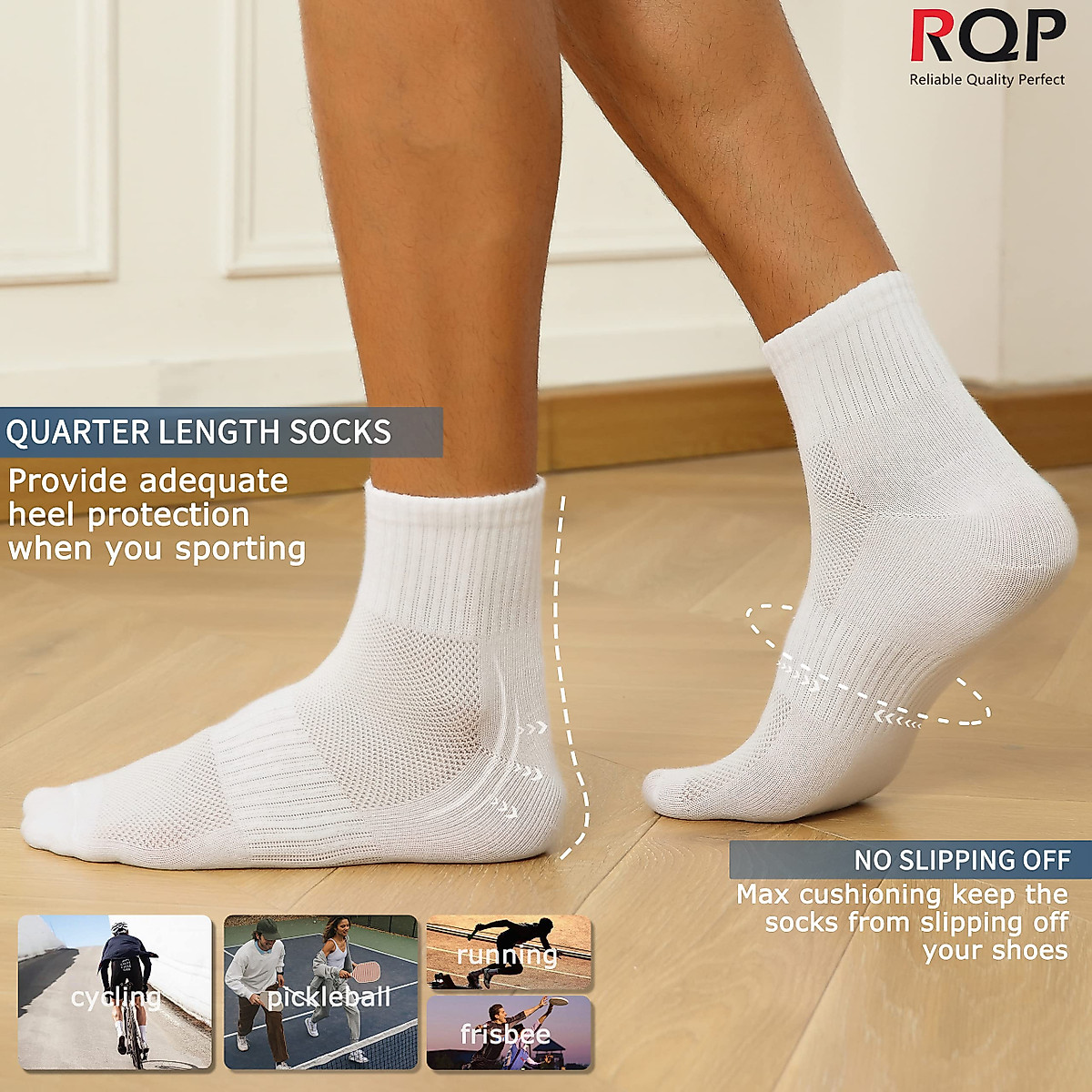 RQP Mens Cotton Athletic Socks Size 9-12 8 Pack Non Odor Quarter Length Knit Cushioned Liner Sox Breathable Moisture Wicking,Black
