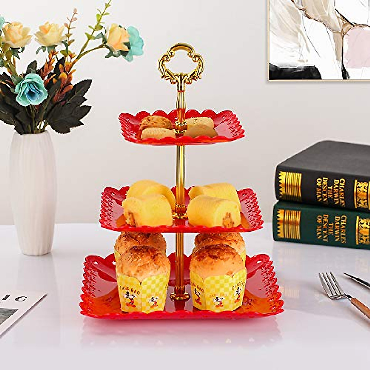 Red Square-Large 3 Tiered Serving Stand Tray Cake Stands Cupcake Holder Dessert Stand Table Decorations for Party Kids Birthday Tea Party Baby Shower