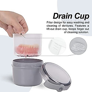 Denture Case, No-Leak Retainer Cleaner Case, Denture Cup for Soaking Dentures Retainers Mouth Guard Night Guard, Denture Bath False Teeth Container for Traveling (Gray)