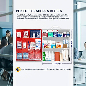 MFASCO 2021 ANSI/OSHA Compliant First Aid Kit - Large, Commercial 3-Shelf Metal Cabinet for Businesses, Wall Mountable - with Medications - ANSI Standard 2021 First Aid Kits, Class B Fill