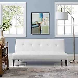 Naomi Home White Faux Leather Convertible Futon Sofa Bed, Button Tufted, 3 Positions, Small Couch Bed with Wooden Legs, 58 lbs, 500 lbs Capacity