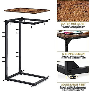 Nandae C Shaped Side Table Set of 2, End Table Sofa Snack Table Tray Side Table Bedside Table with Metal Frame for Laptop,Sofa Couch, Bed Living Room Bedroom, Rustic Brown