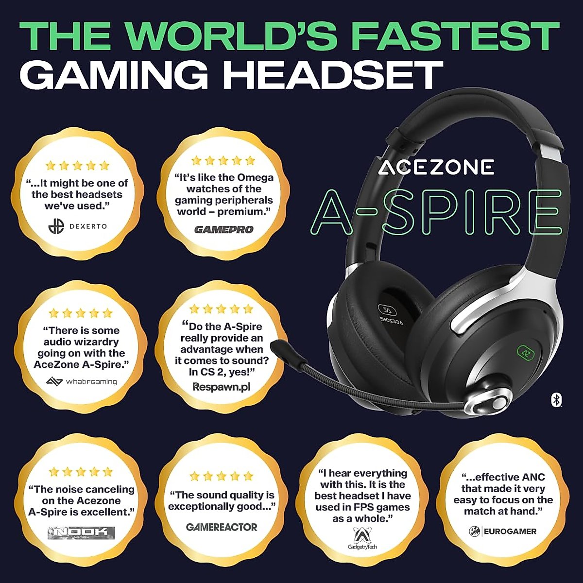 ACEZONE A-Spire - ANC Gaming Headset - Active Noise Cancellation - Noise Cancelling Flip-to-Mute Microphone - Mobile App - Lightweight - Windows PC - PS4 - PS5 - Xbox - Switch - Android - iOS - Mac