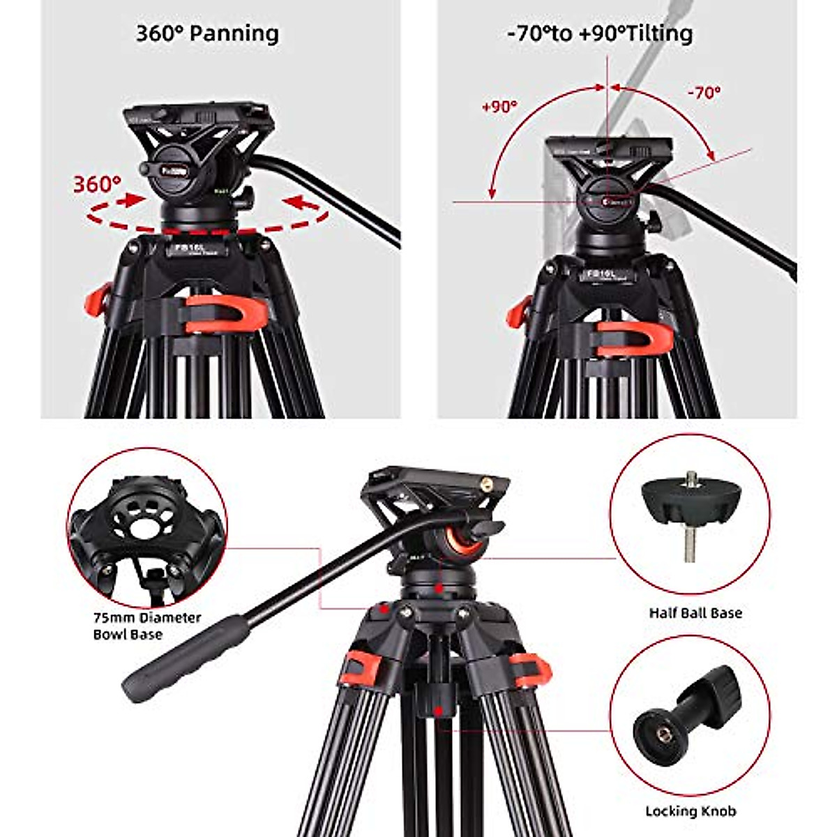 Heavy Duty Tripod, Camera Video Tripod with Fluid Head Aluminum Twin Tube 74.4 inch, Max Loading 17.6 LBS, for Canon Nikon Sony DSLR Camcorder Camera